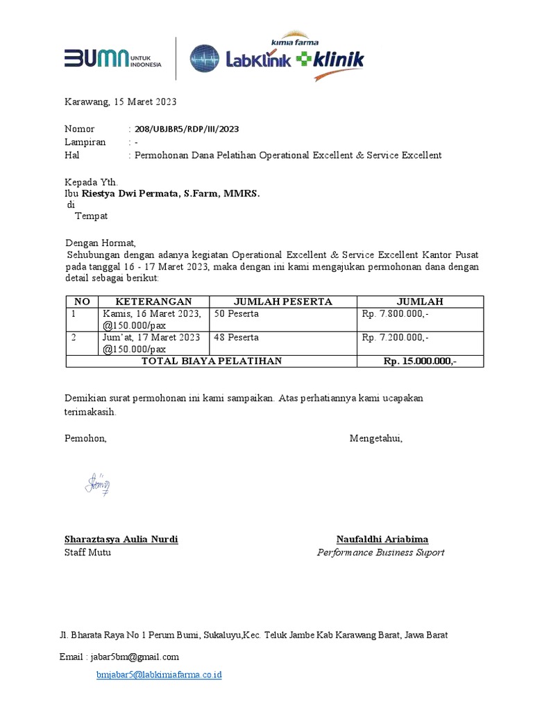 Surat Permohonan Pelatihan Operational & Service Excellent | PDF