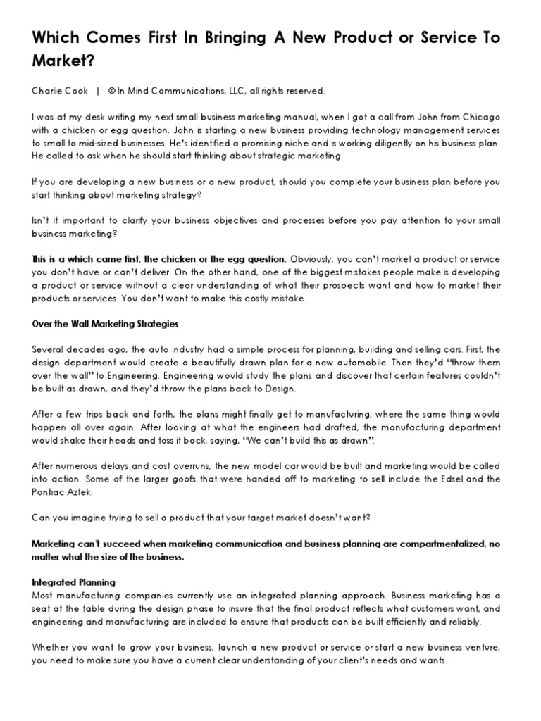 Which Comes First in Bringing A New Product or Service To Market PDF ...