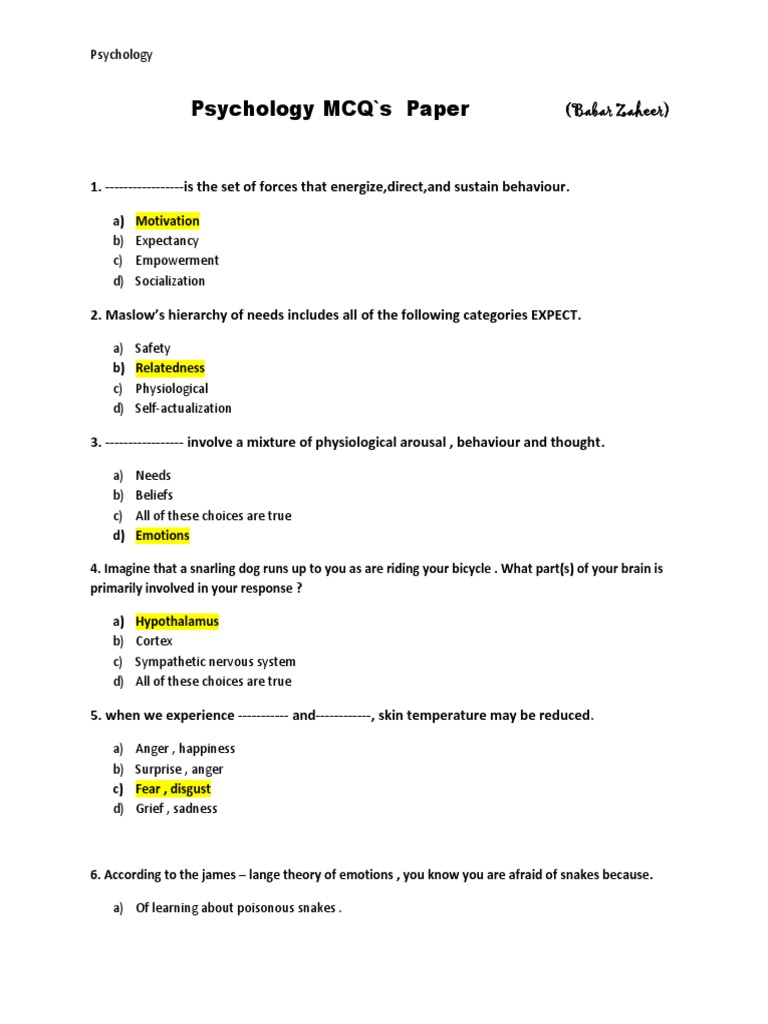 1.psychology MCQs | PDF | Motivational | Motivation