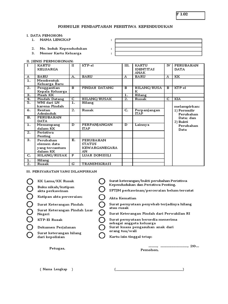 F 1 02 Formulir Pendaftaran Peristiwa Kependudukan | PDF | Hukum