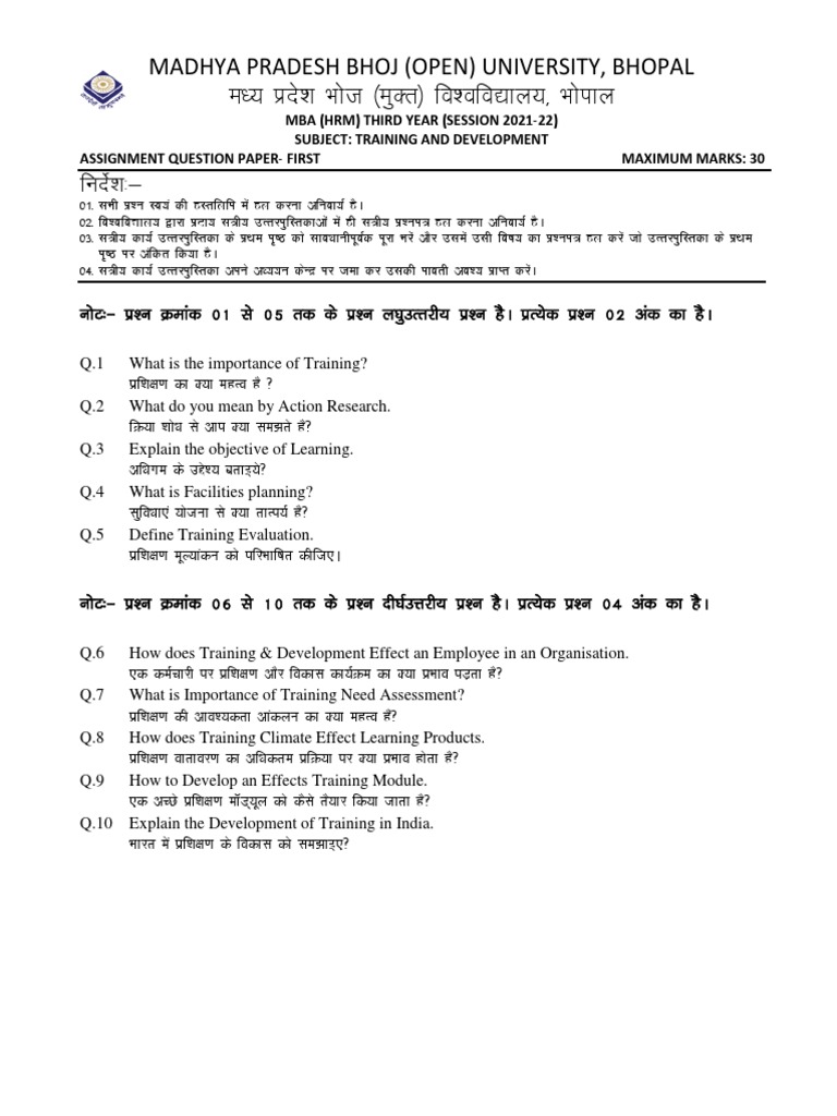 Training and Development Assignments: Questions Covering Key Concepts ...
