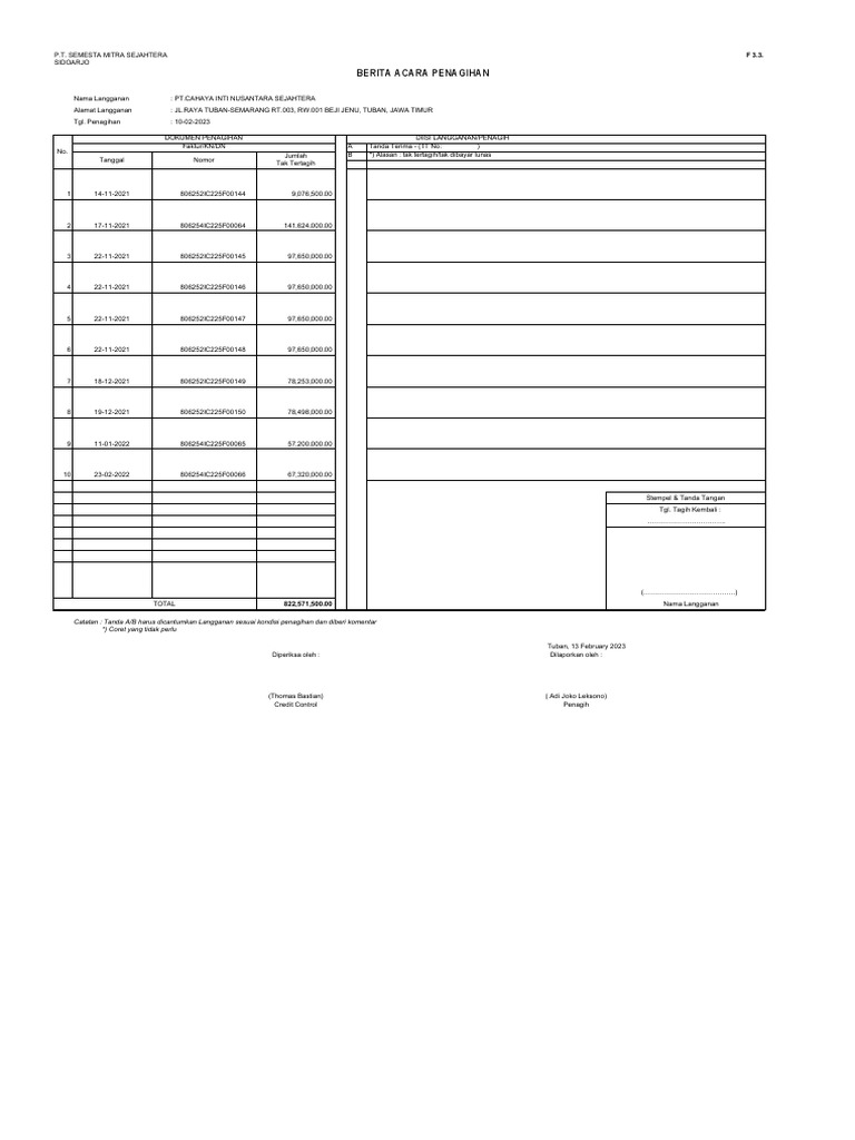 FORM Piutang - CAHAYA INTI 16-03-2023 | PDF