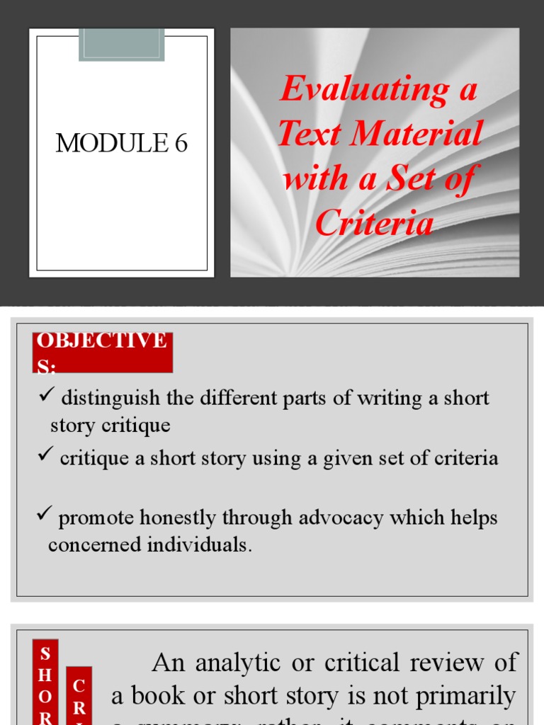 Module 6 Evaluating A Text Material With A Set Of Criteria Pdf Plot Narrative Cognitive