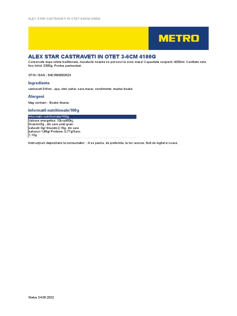 Fisa Produs Castraveti in Otet | PDF