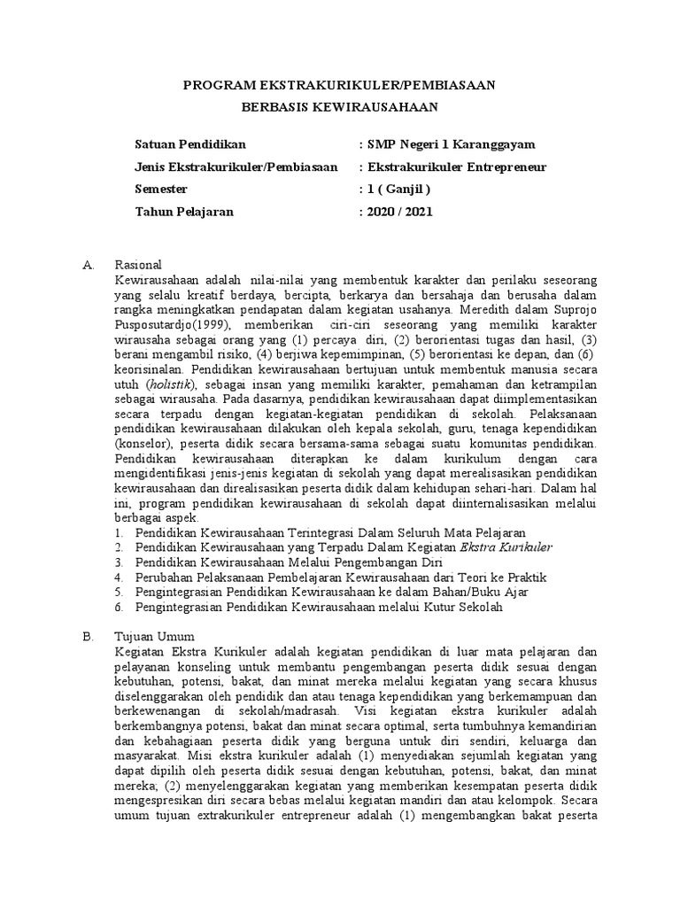 Program Ekstrakurikuler Kewirausahaan | PDF
