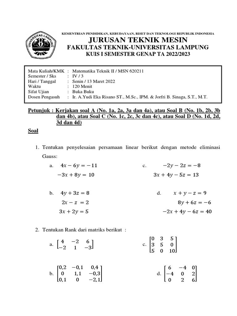 Soal Kuis I MaTek II Sem - Genap (2022-2023) | PDF