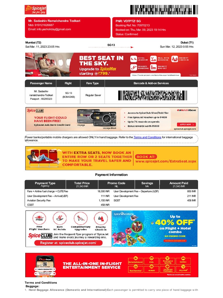 SpiceJet - E-Ticket - PNR - VD7PTZ 11 Mar 2023 Mumbai-Dubai For MR. MMT ...
