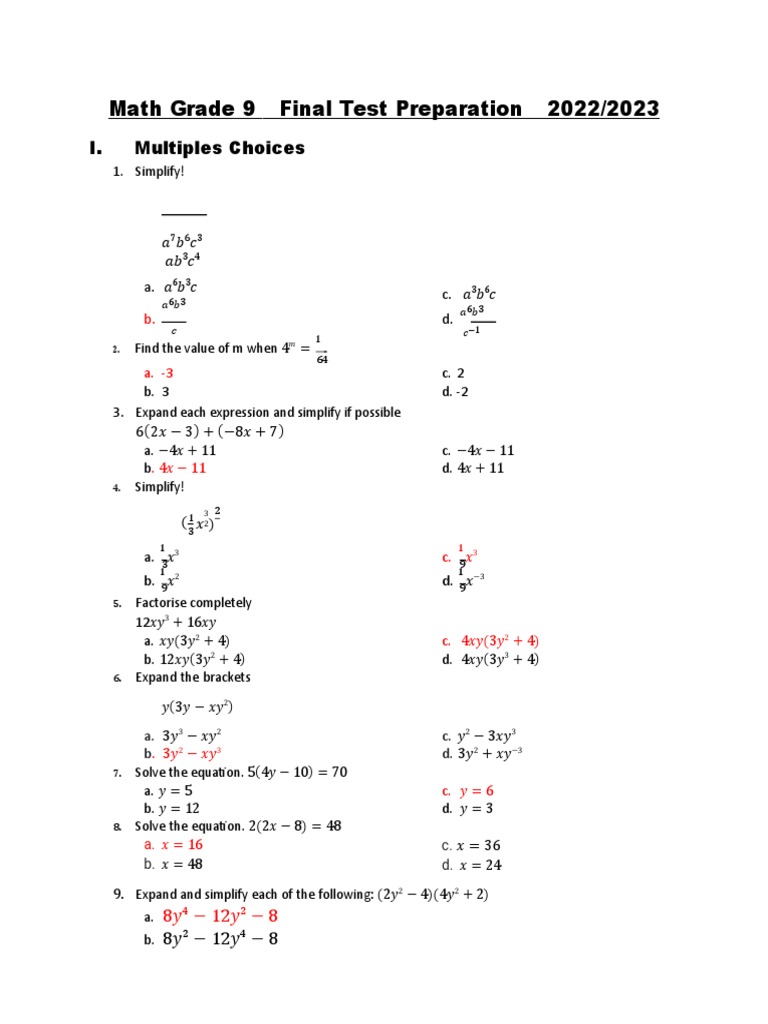 Grade 9 Math Final Exam Prep Guide | PDF | Equations | Mathematical Objects