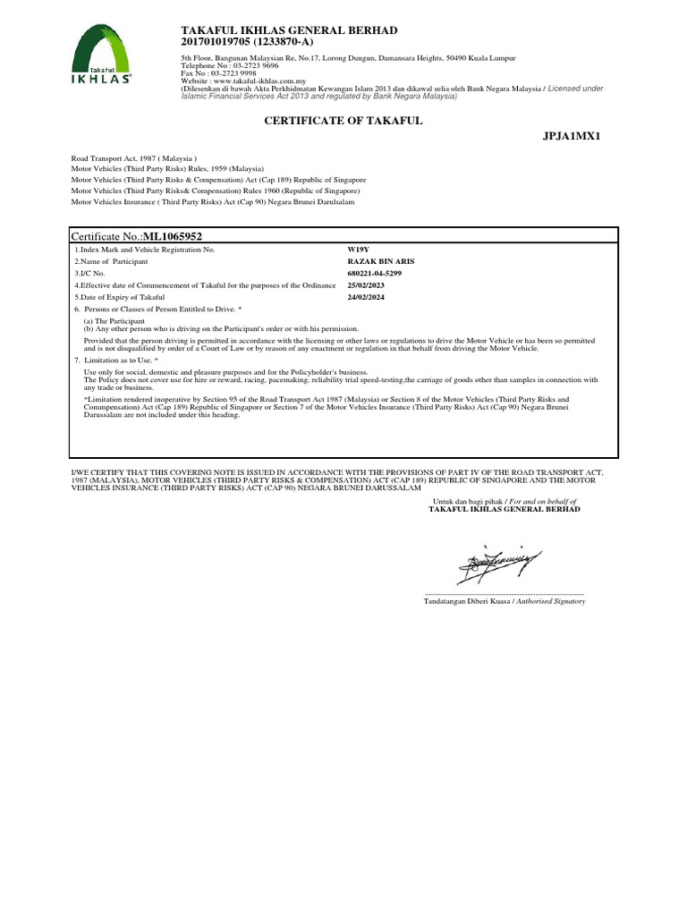 TISB Certificate of Insurance - JSP | PDF | Malaysia | Vehicles