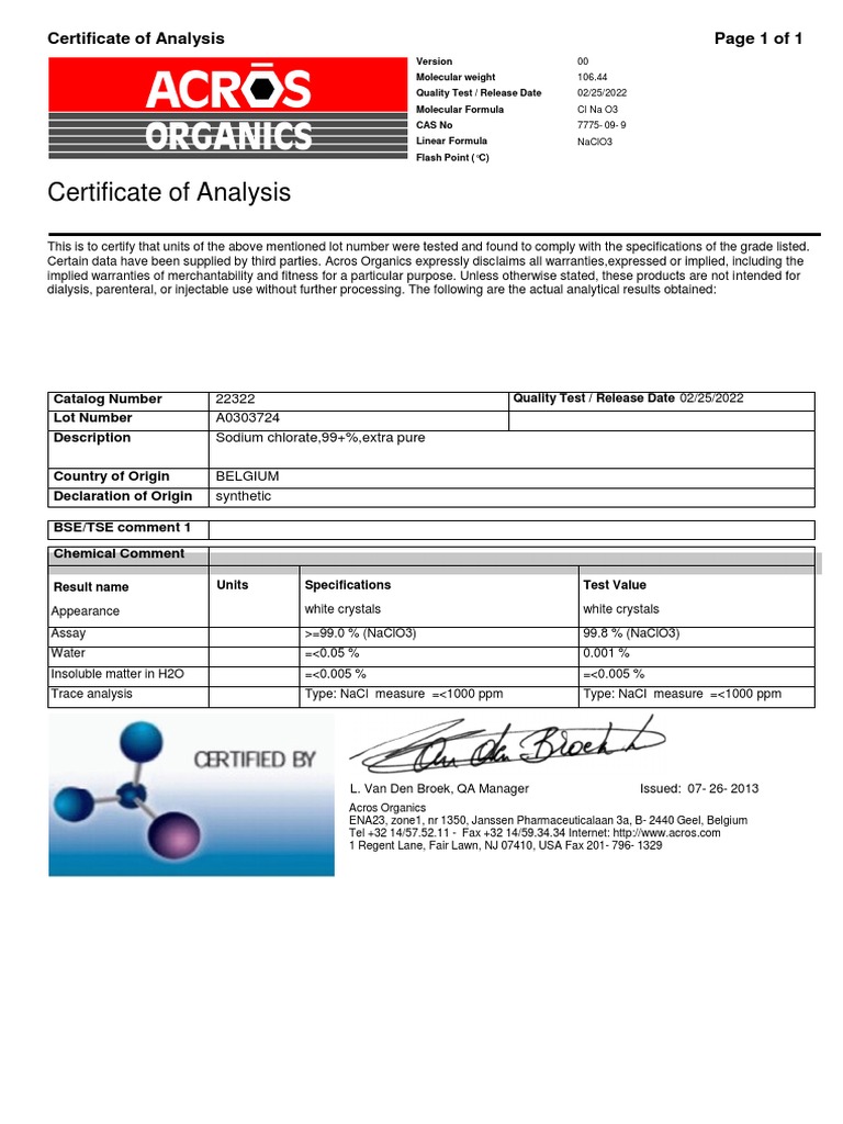 Tds 1000 PPM COA | PDF | Sodium Chloride | Materials