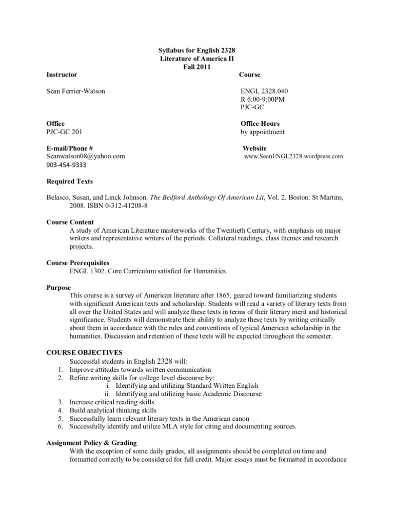 American Lit II Syllabus | PDF | Essays | Homework