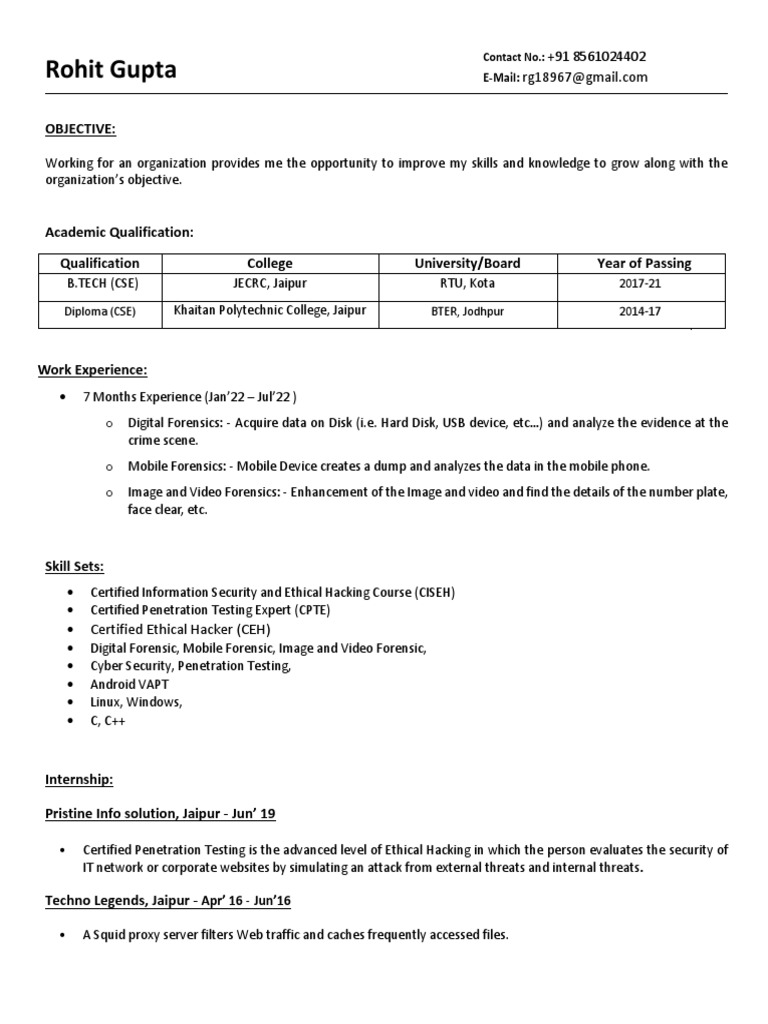 Rohit Gupta's Resume: Seeking a Career in Cyber Security and Digital Forensics | PDF | Security ...