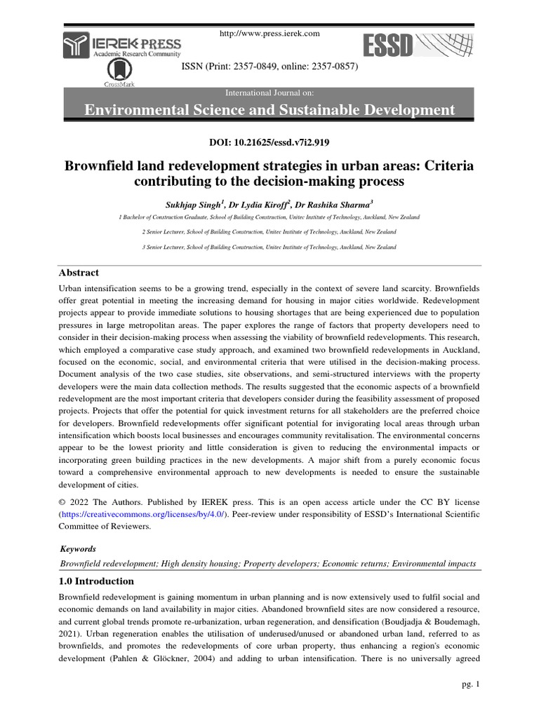 Brownfield Land Redevelopment Strategies in Urban Areas Criteria Contributing To The Decision ...
