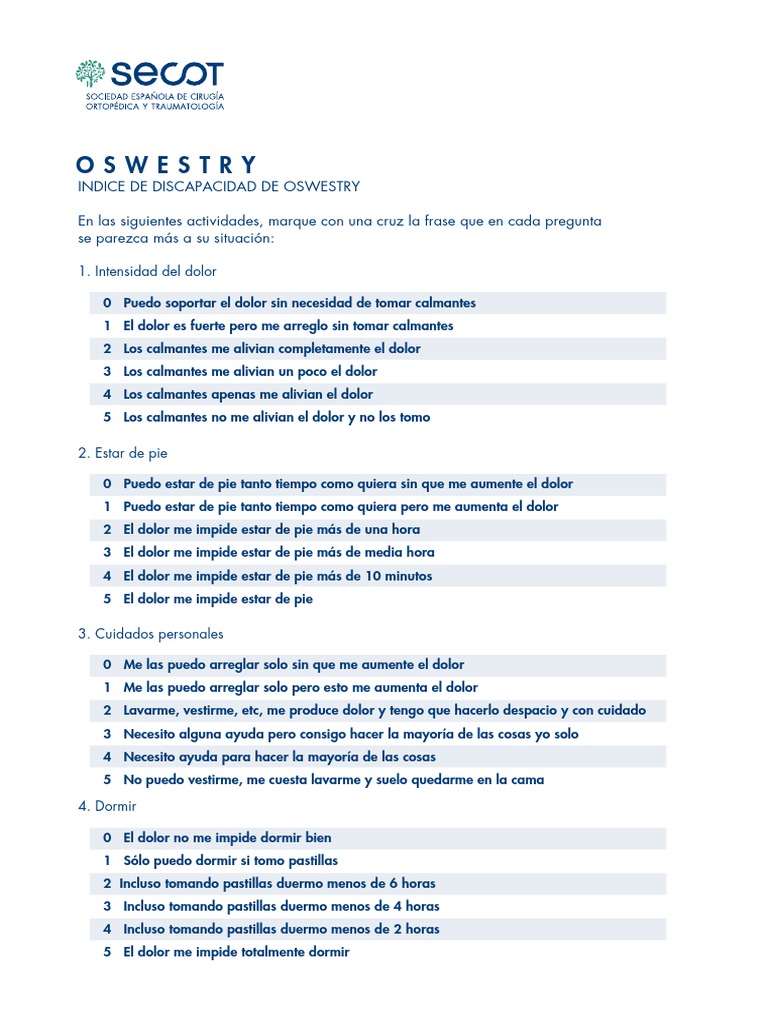 Índice de Discapacidad de Oswestry | PDF | Medicina CLINICA | Medicina