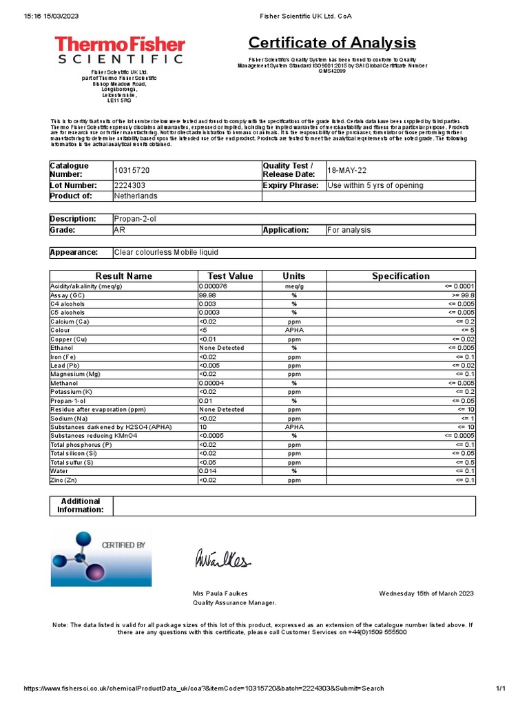 Isopropanol COA PDF | PDF | Chemistry | Sets Of Chemical Elements