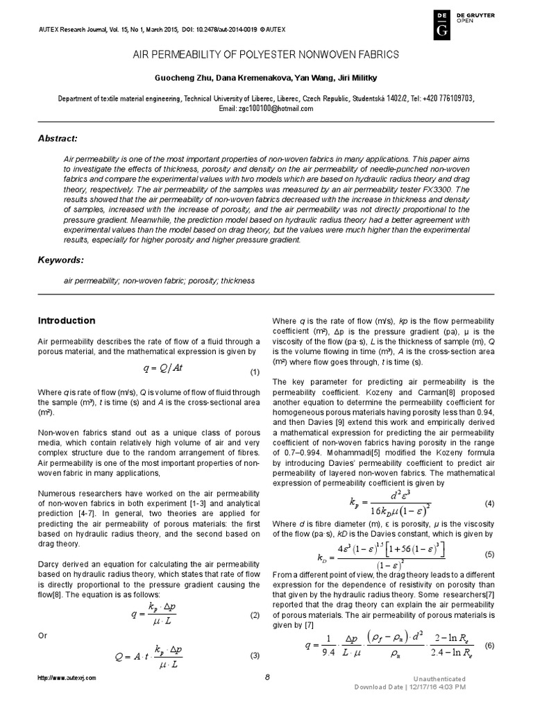(Autex Research Journal) Air Permeability of Polyester Nonwoven Fabrics ...