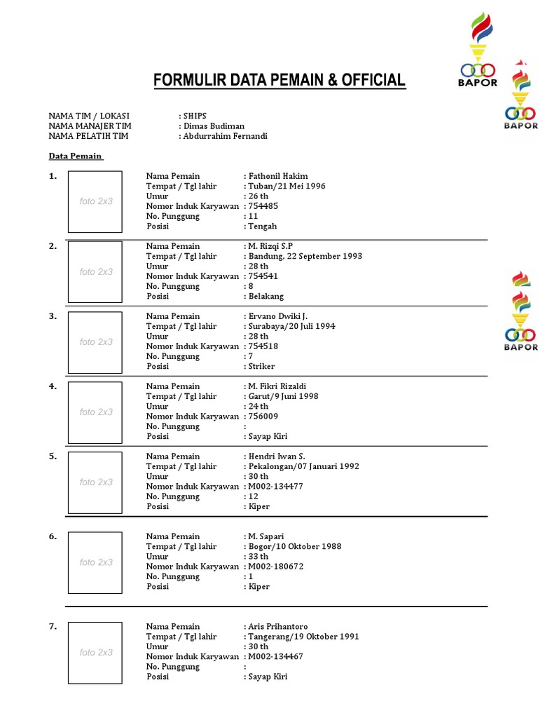 Formulir Data Pemain & Official Sepakbola SHIPS | PDF