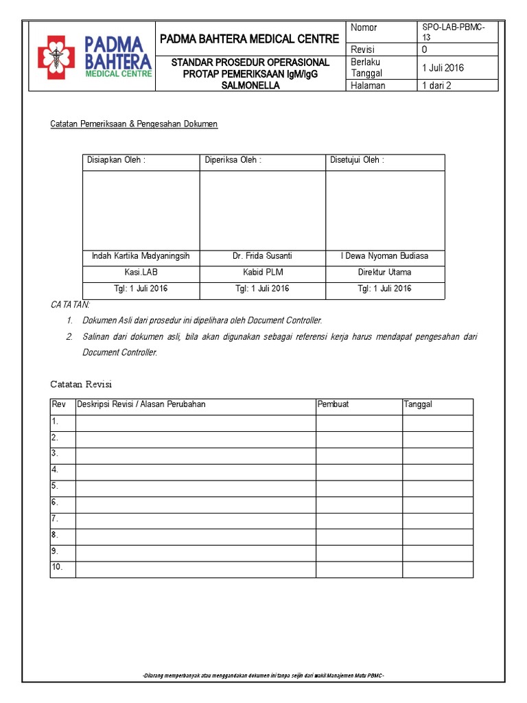 Spo-Lab-Pbmc-013 - Protap Pemeriksaan Igg-Igm Salmonella | PDF