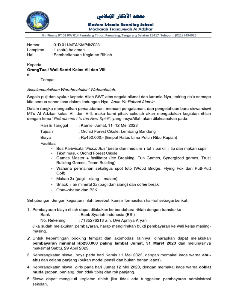 Pemberitahuan Kegiatan Rihlah 2023 | PDF