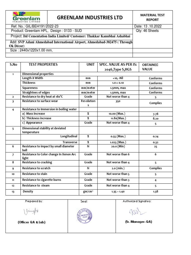 Greenlam HPL Material Test Report | PDF