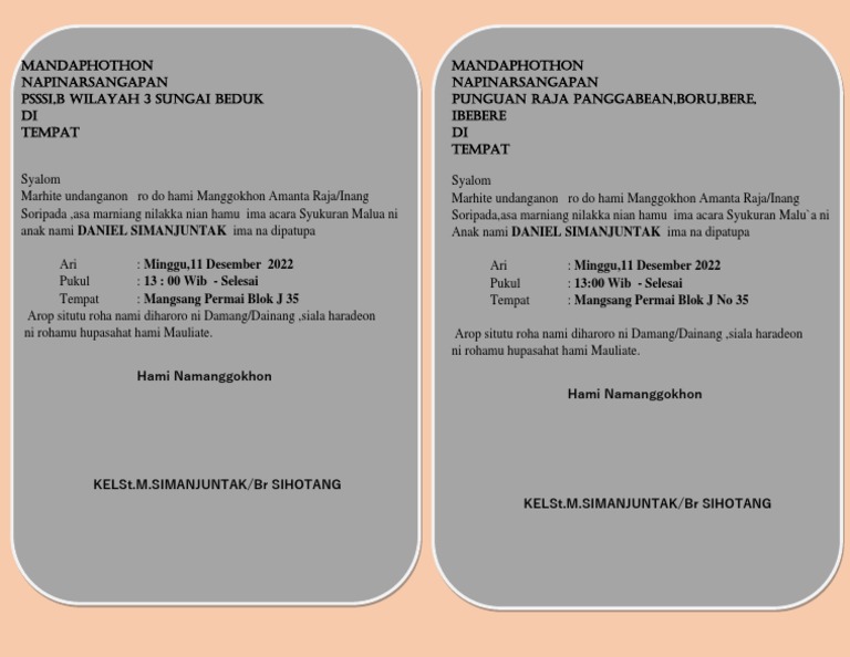 Undangan Syukuran Naik Sidi Daniel Simanjuntak | PDF