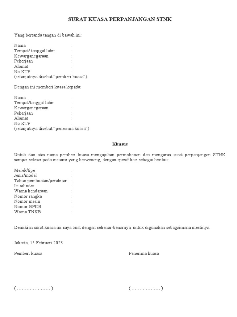 Surat Kuasa Perpanjang STNK | PDF | Hukum