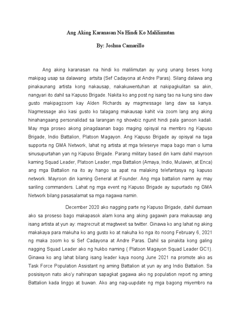 Ang Aking Karanasan Na Hindi Ko Malilimutan | PDF