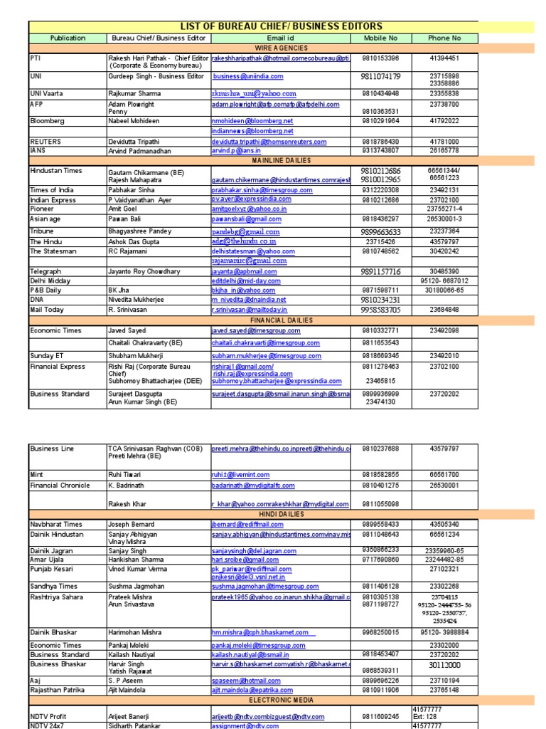Business Editors and Bureau Chiefs List | PDF | Newspaper Publishing ...