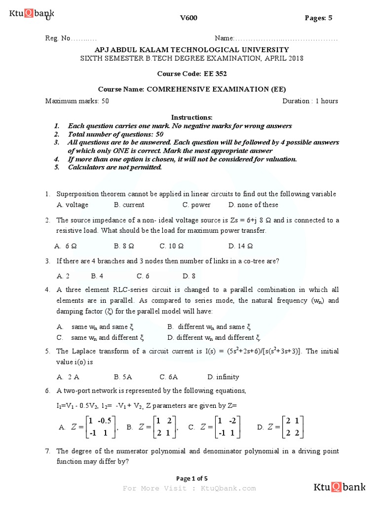 2018 April EE352-A (1) - Ktu Qbank | PDF | Amplifier | Operational Amplifier