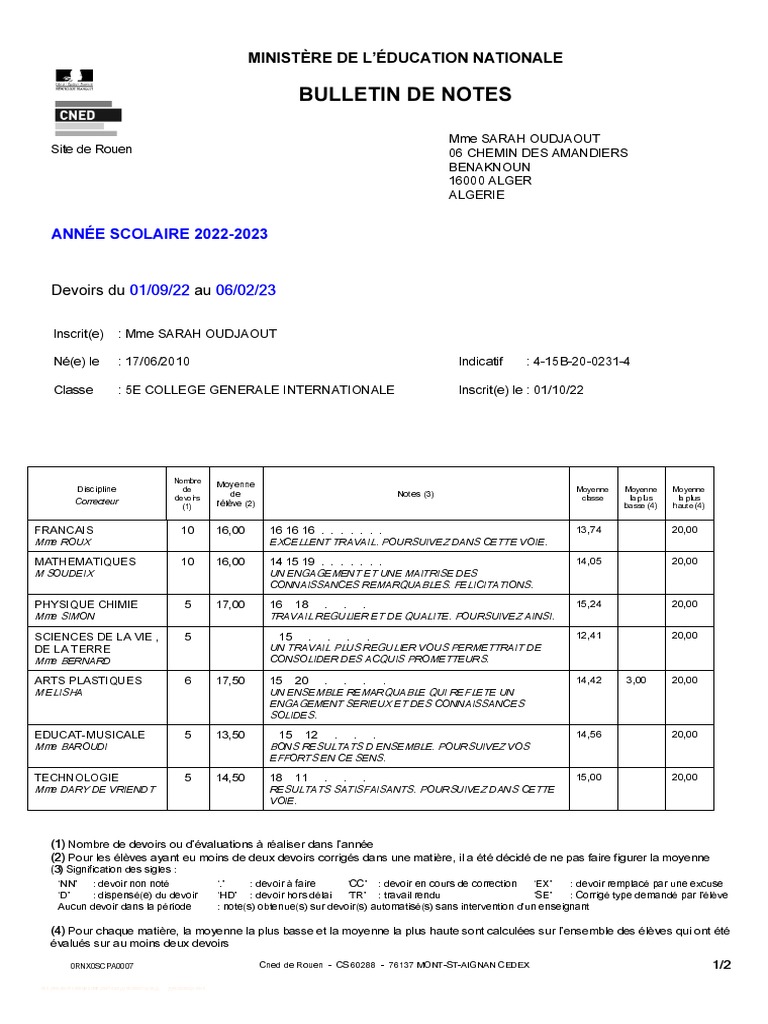 Bulletin de Notes PDF | PDF