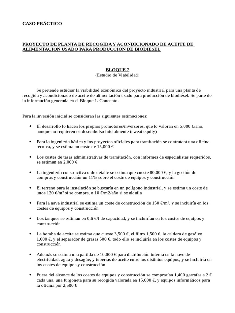 Caso Practico Proyecto Reciclado Aceite-2 Viabilidad | PDF