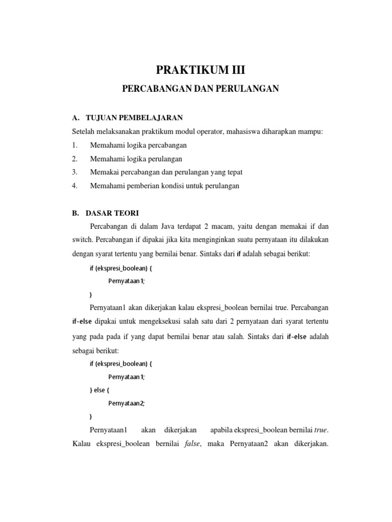 Praktikum Iii: Percabangan Dan Perulangan | PDF