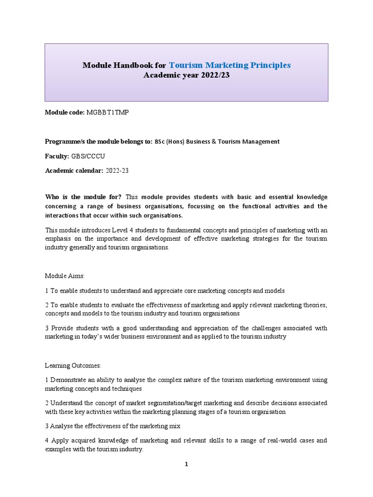Module Handbook Tourism Marketing Principles | PDF | Marketing | Learning