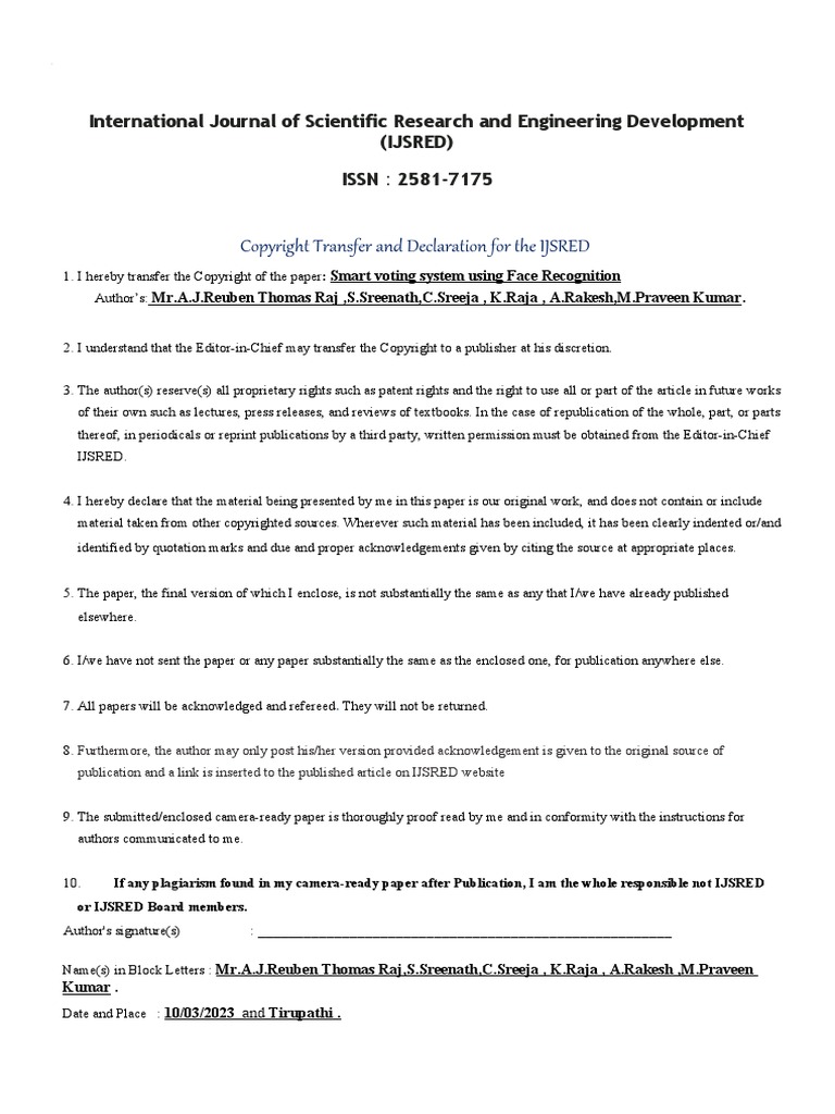 IJSRED Copyright Form | PDF | Civil Law (Common Law) | Monopoly (Economics)
