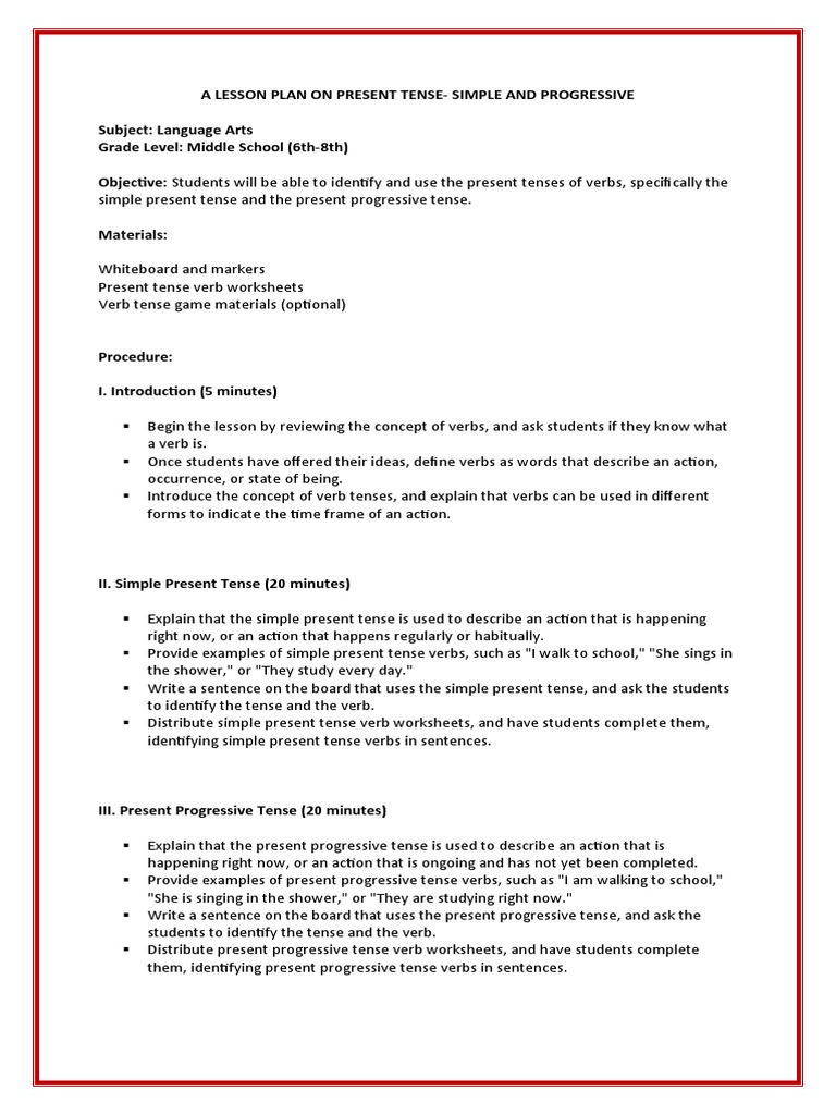 A Lesson Plan On Present Tense | PDF | Grammatical Tense | Verb