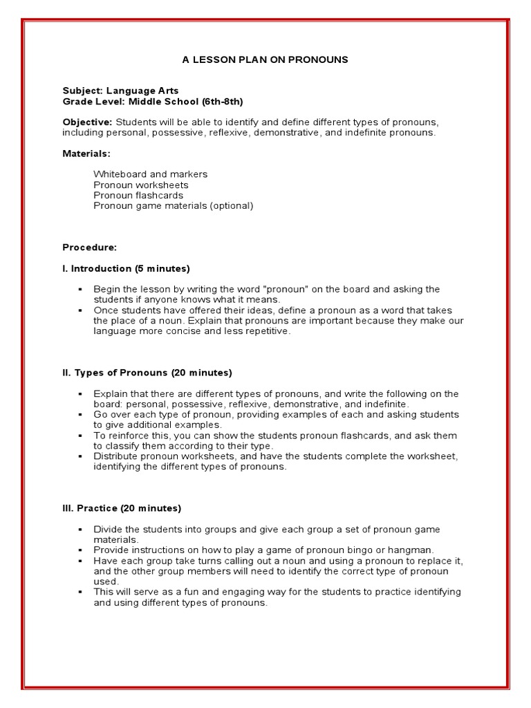 A Lesson Plan On Pronouns | PDF | Pronoun | Human Communication