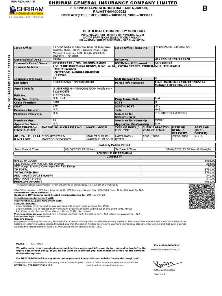 PolicySchedule 1101815120220607 154054 | PDF | Insurance | Business Law