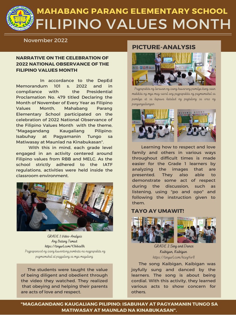MAHABANG PARANG ES - Filipino Values Month Narrative | PDF | Wellness
