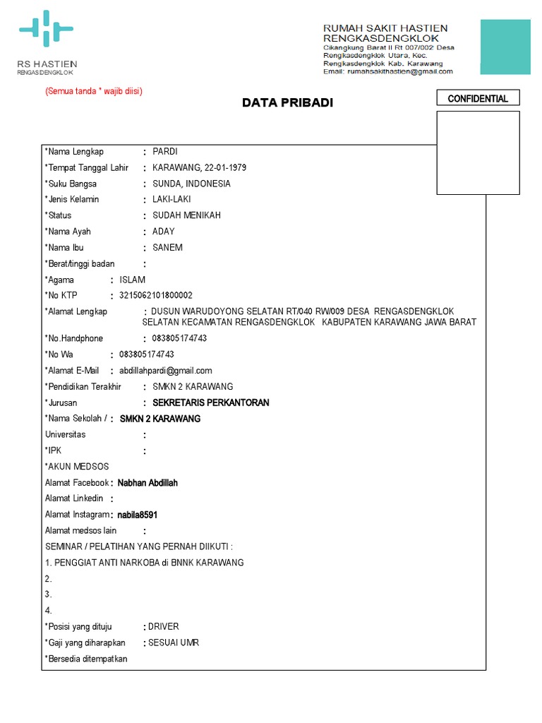 Form Aplikasi Karyawan RS Hastien Rengasdengklok.doc | PDF