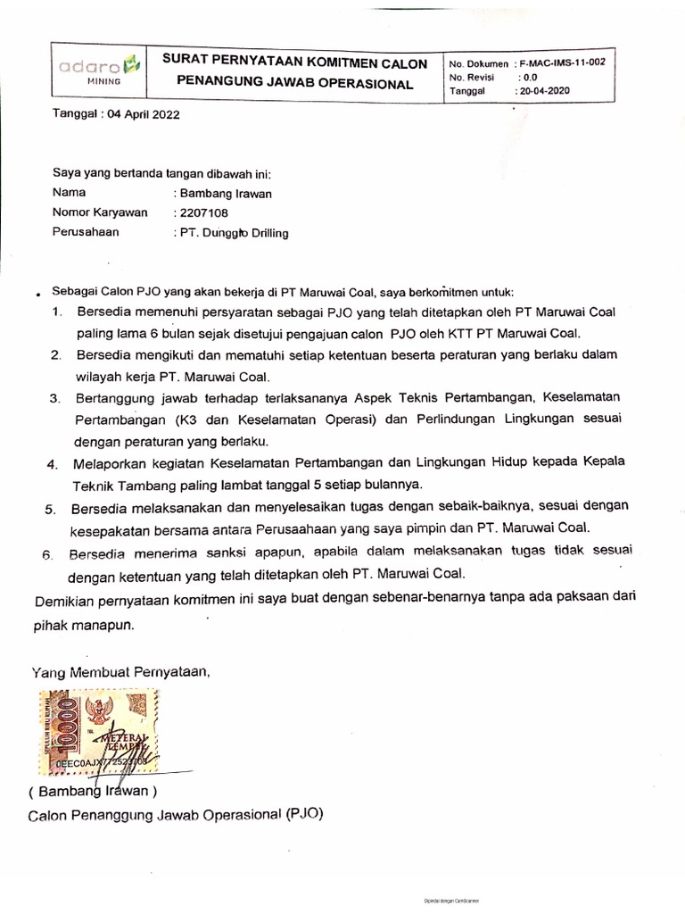 Surat Pernyataan Komitmen Calon PJO | PDF Surat Pernyataan Komitmen Calon PJO | PDF