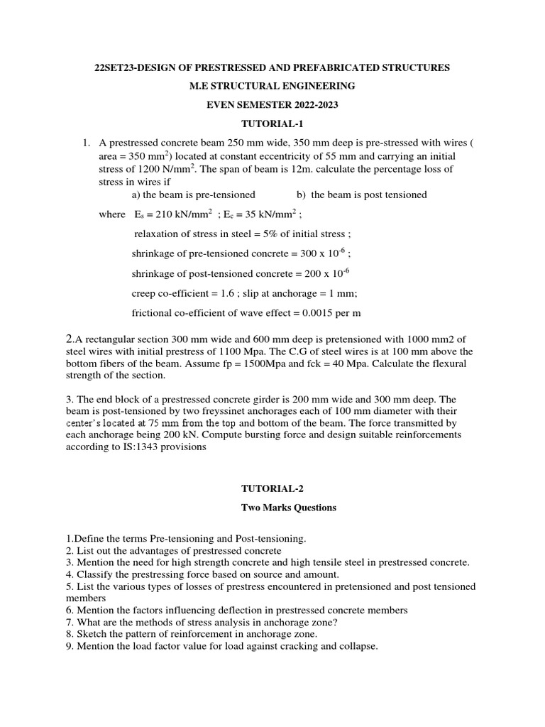 DPPS - Tutorial Questions | PDF | Prestressed Concrete | Beam (Structure)