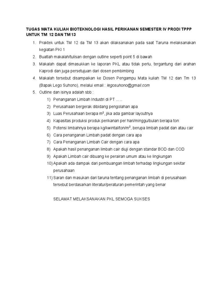 Tugas Mata Kuliah Bioteknologi Hasil Perikanan Semester Iv Prodi TPPP Untuk TM 12 Dan TM 13 | PDF