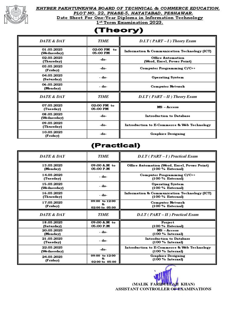 Date Sheet DIT 1st Term Exam 2023 | PDF | Information Technology ...