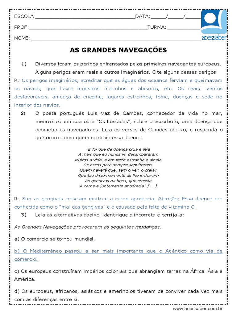 Atividade de Historia As Grandes Navegacoes 7 Ano Com Resposta | PDF ... Atividade de Historia As Grandes Navegacoes 7 Ano Com Resposta | PDF ...