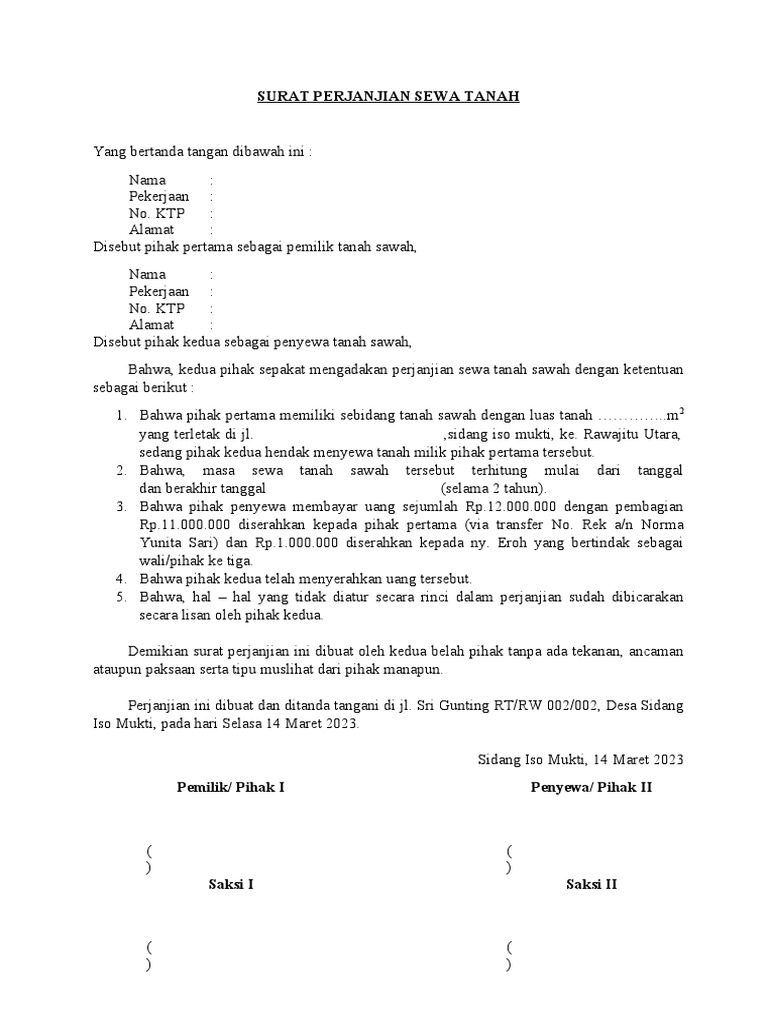 Surat Perjanjian Sewa Tanah | PDF