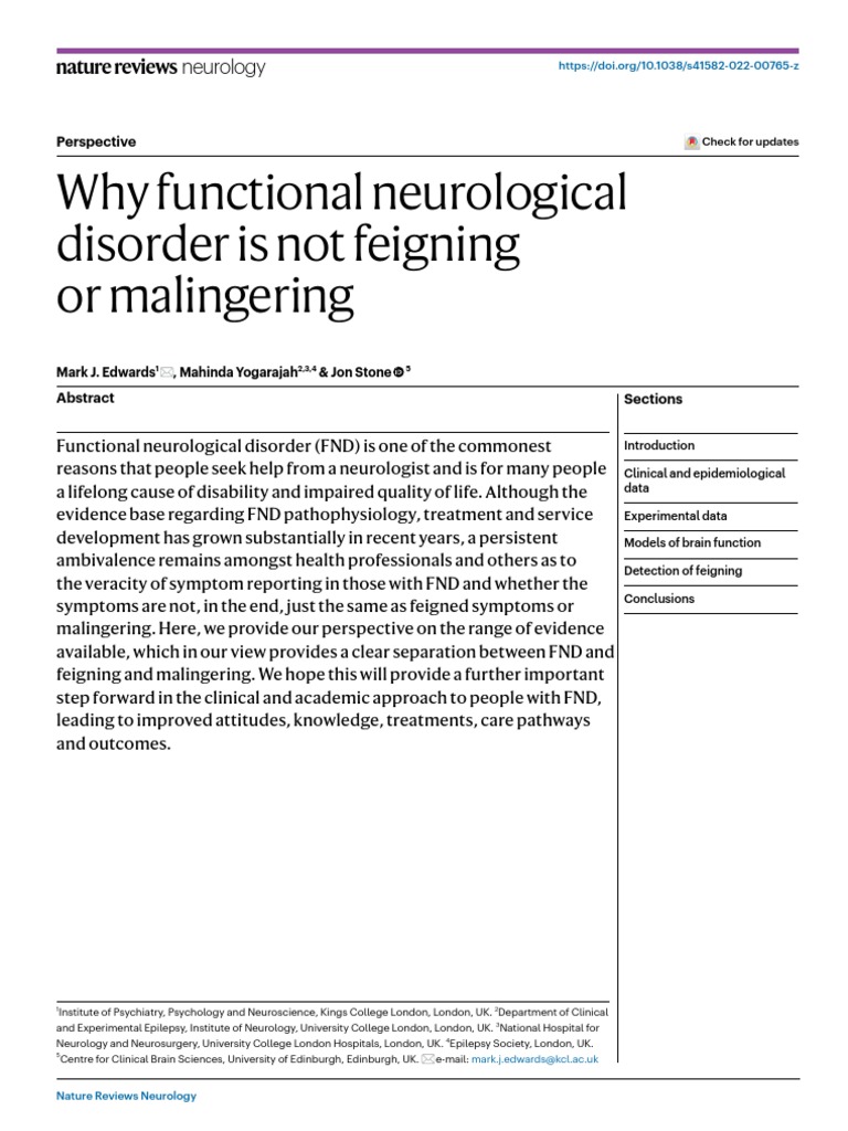 Edwards Mark J Why Functional Neurological Disorder Is | PDF ...