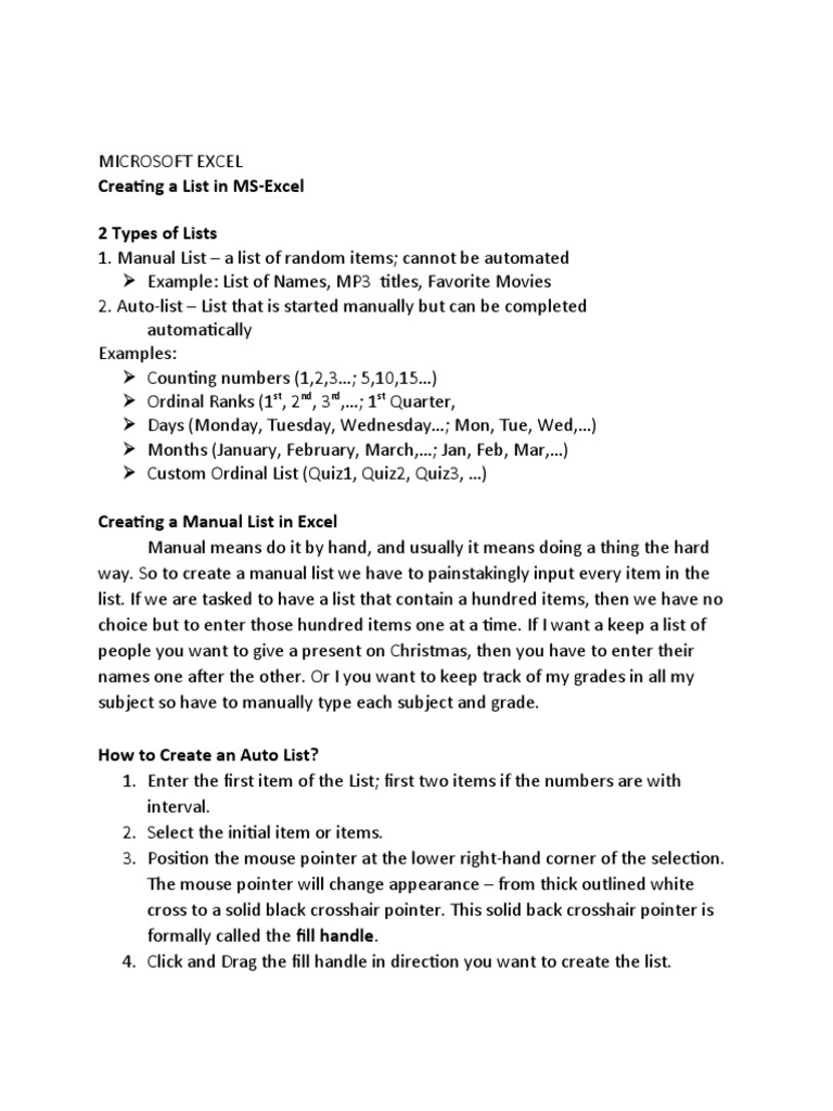 Excel Manual and Auto Lists Guide | PDF | Computing | Software