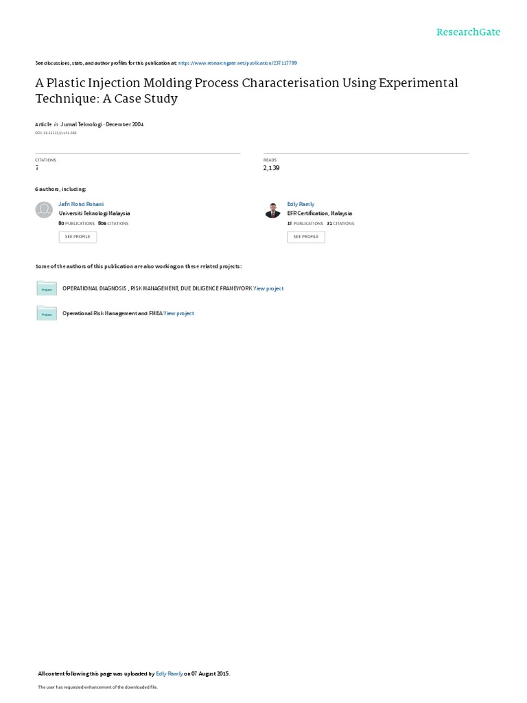A Plastic Injection Molding Process Characterisati Pdf Pdf Experiment Design Of Experiments