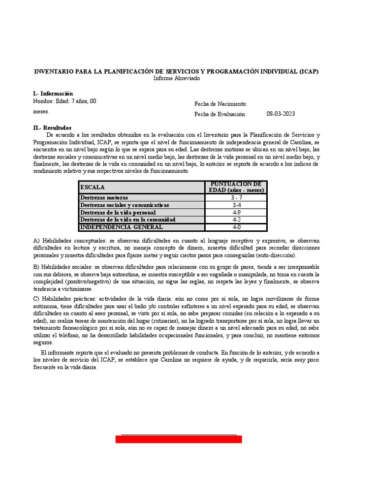 ICAP Modelo Informe | PDF | Conceptos psicologicos | Ciencias del ...