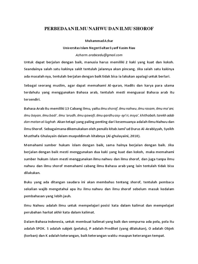 Perbedaan Ilmu Nahwu Dan Ilmu Shorof PDF | PDF | Seni & Disiplin Bahasa